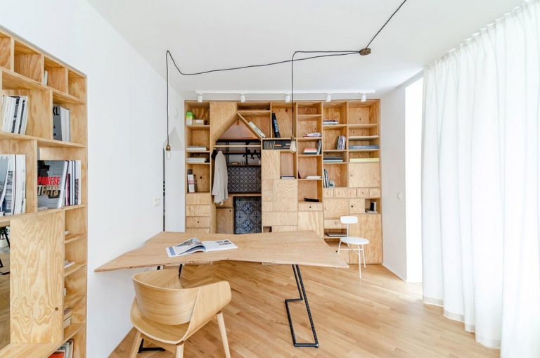 Ingenious Plywood Partitions and Drapes Turn Apartment into Workspace ...